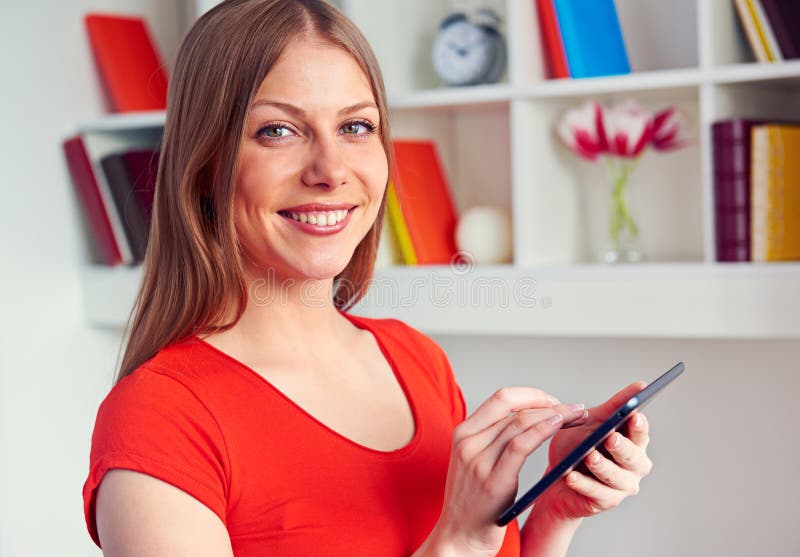 Modern Woman Using the Tablet Pc Stock Image - Image of joyful, touch ...
