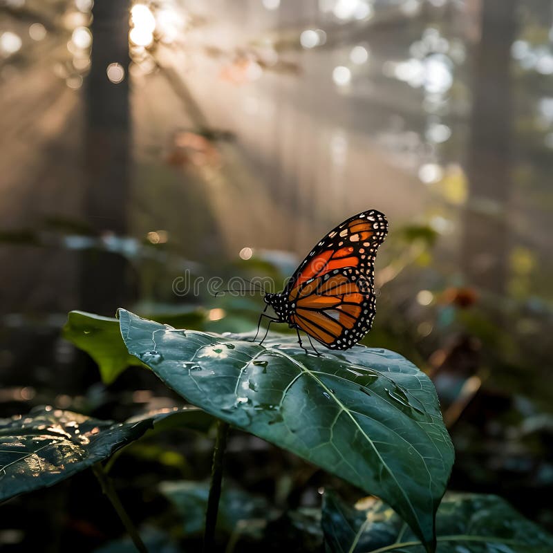 A Beautiful Monarch Butterfly Resting on a Dewy Leaf Stock Illustration ...