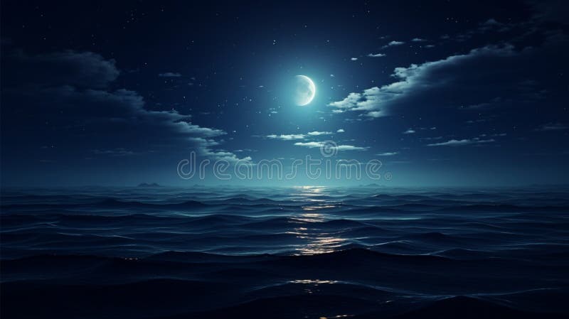 Beautiful Moon and Stars Over the Night Ocean Stock Illustration ...