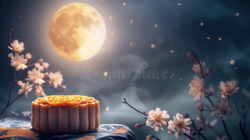 Beautiful Mooncake with Full Moon and Flowers with Copy Space Stock ...