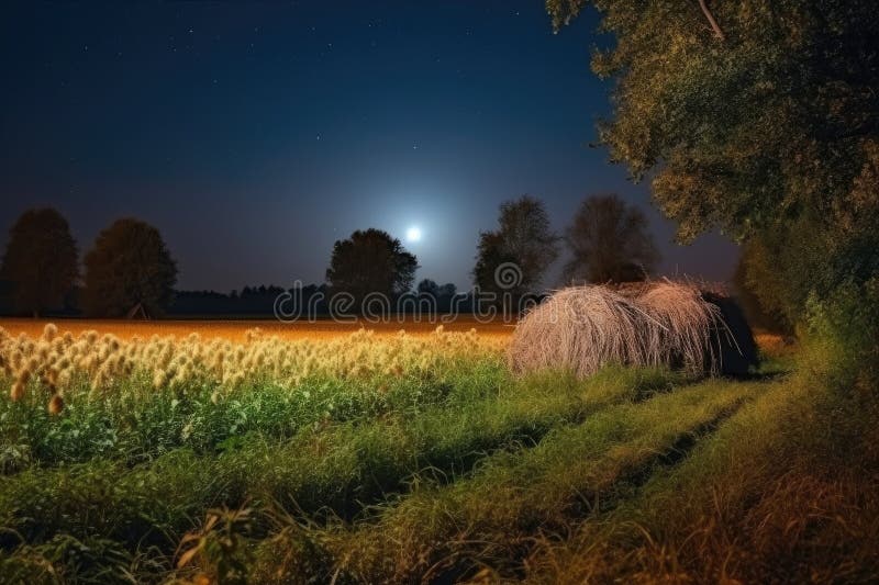 Beautiful Moonlit Night, with Harvest Moon and Starry Sky Stock Photo ...