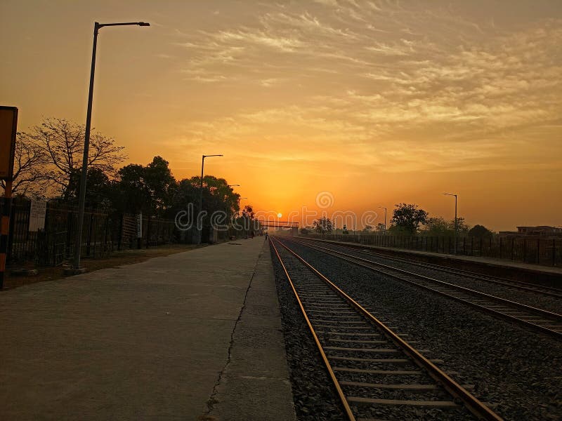 Beautiful Morning Sunrise Image Railway Track Nature Image Stock Photo ...