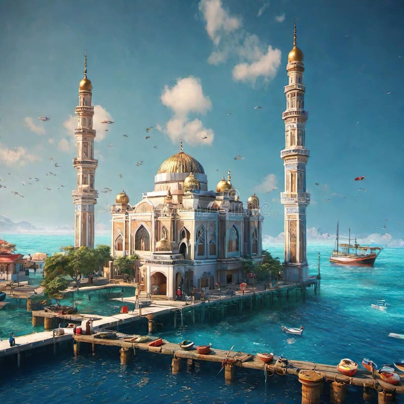 Beautiful Mosque Arabic on a Blue Ocean Stock Illustration ...