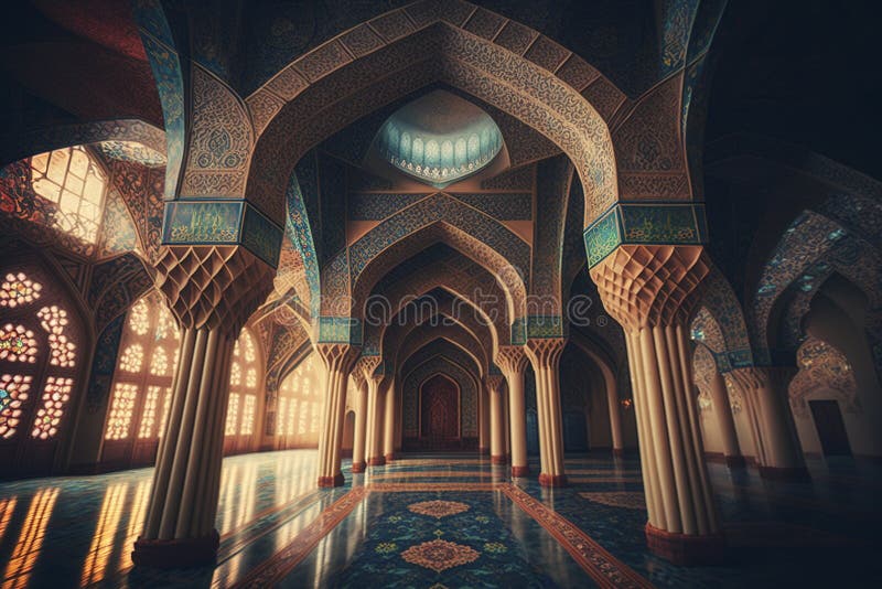 Beautiful Mosque Interior with Sparkling Light Stock Illustration ...