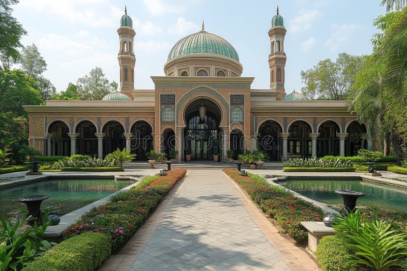 Grand Mosque with Reflecting Pools and Lush Gardens Stock Illustration ...