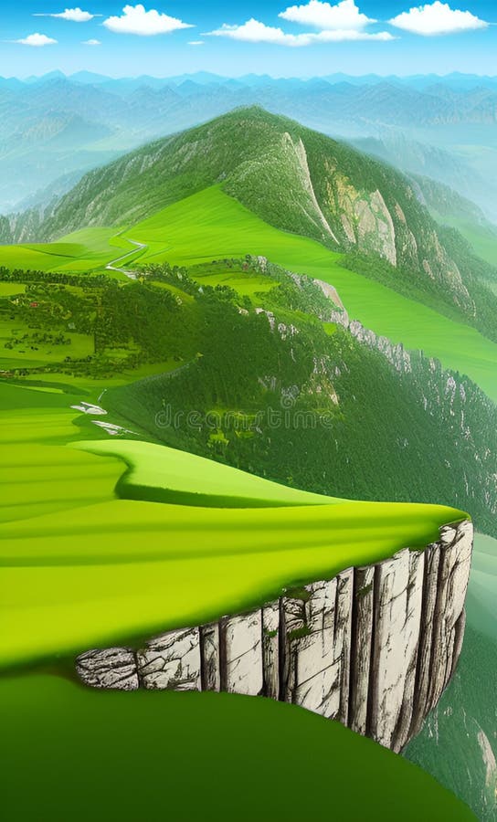 A Beautiful 3D Rendering of Mountain with Green Scenery Stock ...