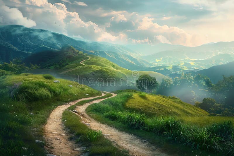 A Beautiful Mountain Landscape with a Path Leading through the Grass ...