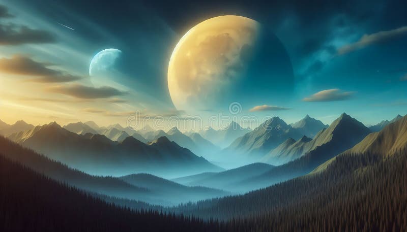A Beautiful Mountain Landscape with Two Large Moons. the Sky is Filled ...