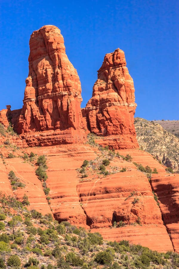 A Beautiful Mountain Range with Two Large Red Rock Formations Stock ...