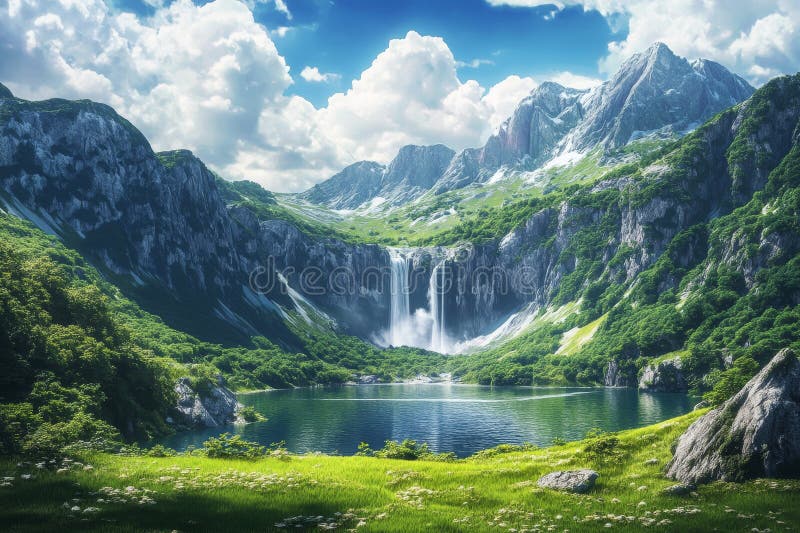 Beautiful Mountain Scenery with a Cascading Waterfall and Vibrant Green ...