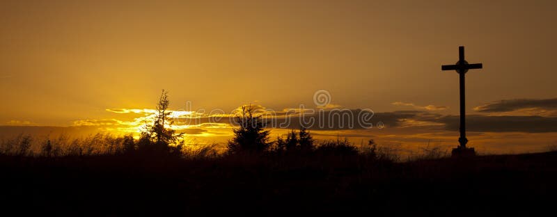 Beautiful Mountain Sunset Panorama with Cross Stock Image - Image of ...