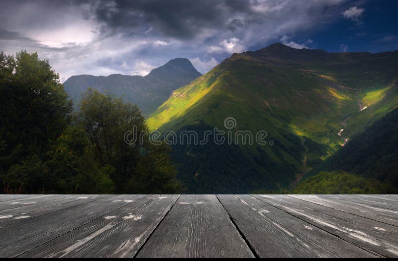 Beautiful Mountain View with Empty Wooden Table. Natural Template ...