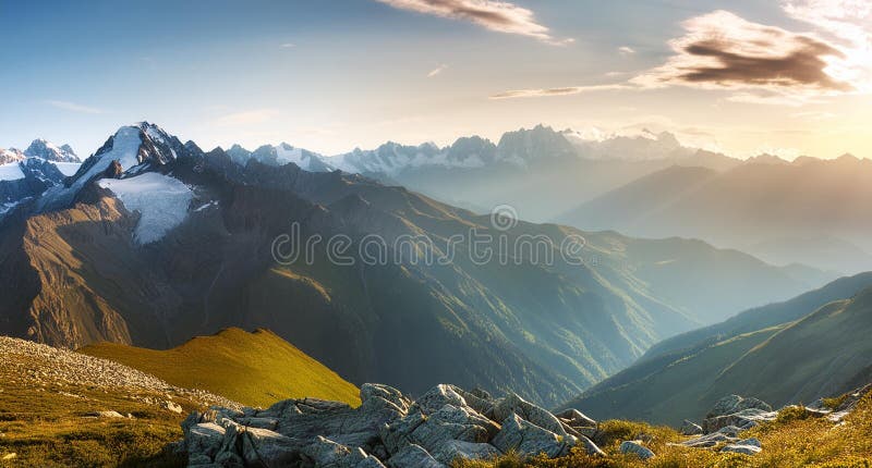 Beautiful Mountain View with Sunset Rays and Clouds from High Mountain ...