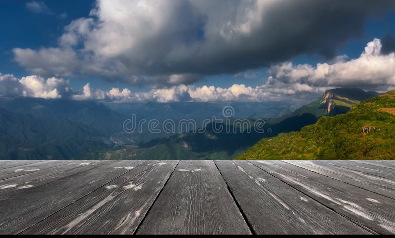 Beautiful Mountains with Empty Wooden Table. Natural Template Landscape ...