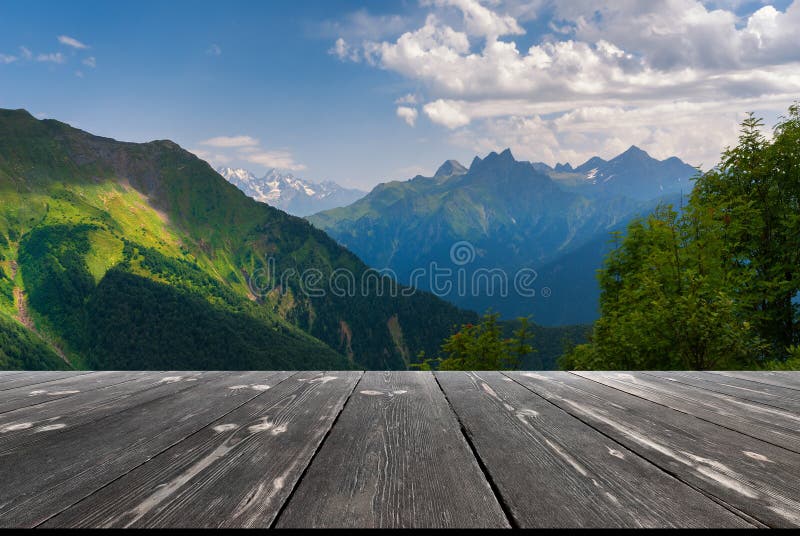 Beautiful Mountains with Empty Wooden Table. Natural Template Landscape ...