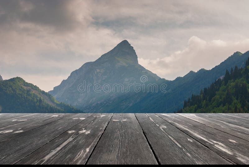 Beautiful Mountains with Empty Wooden Table. Natural Template Landscape ...