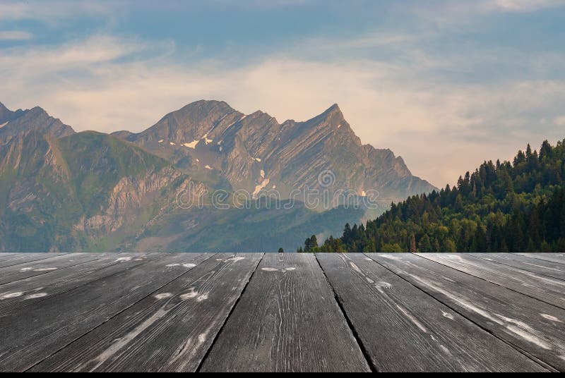 Beautiful Mountains with Empty Wooden Table. Natural Template Landscape ...