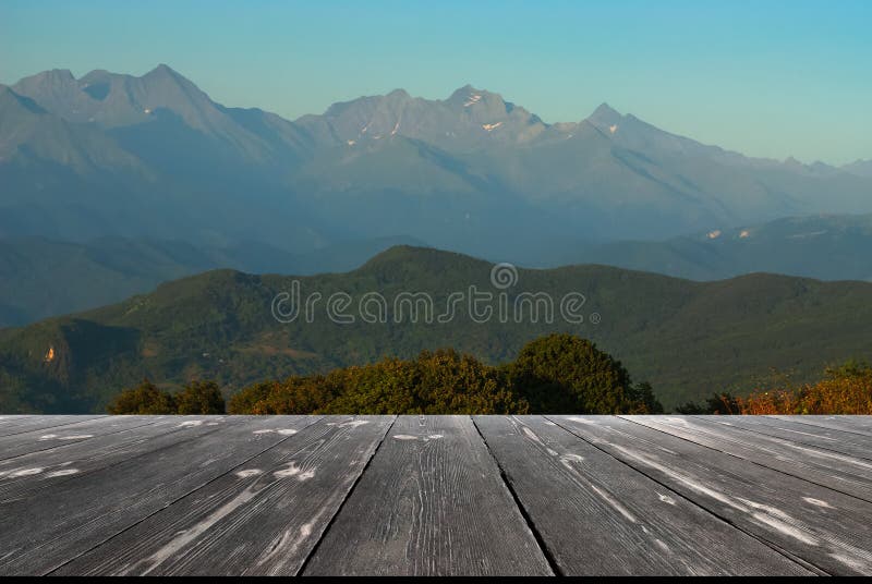 Beautiful Mountains with Empty Wooden Table. Natural Template Landscape ...