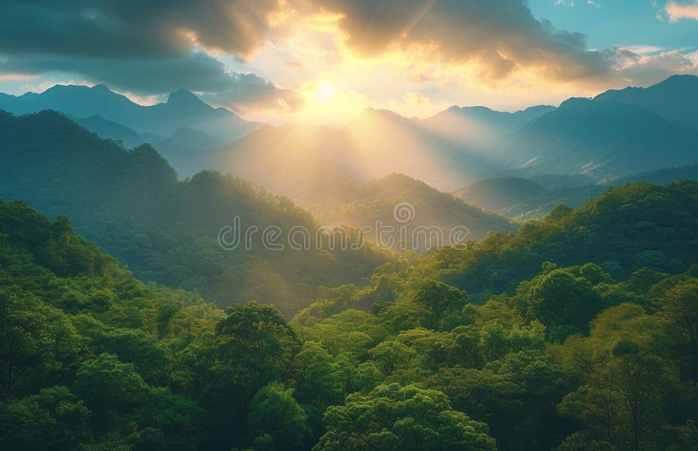 Beautiful Mountains in the Sun with Sunlight Streaming through the Tree ...