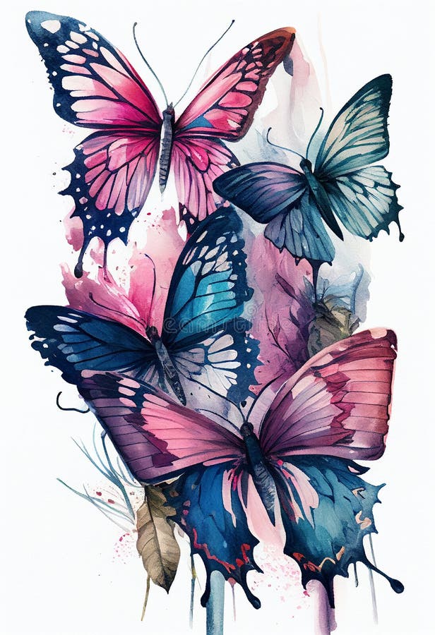 Beautiful Multi-colored Butterflies on a White Background, Painted in ...