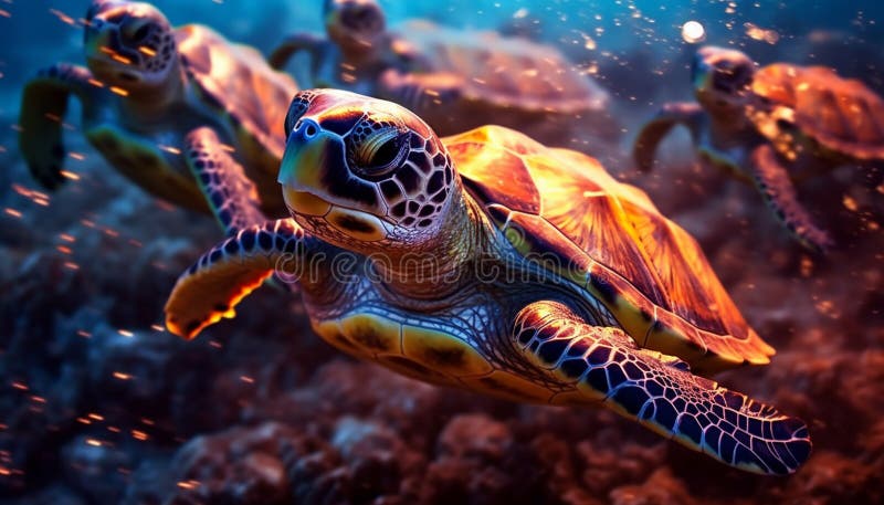 A Beautiful Multi Colored Sea Turtle Swimming in the Underwater Reef ...