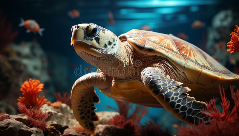 Beautiful Multi Colored Sea Turtle Swimming in the Underwater Reef ...