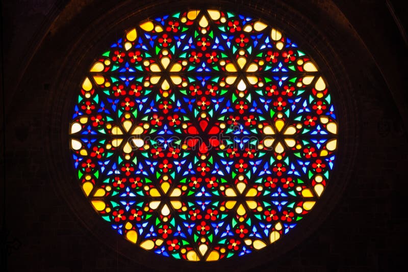 Beautiful Multi Colored Stained Glass Rose Window with Flower Prints ...