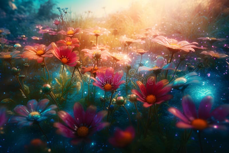 Beautiful Multicolored Flowers in the Field. Neural Network AI ...