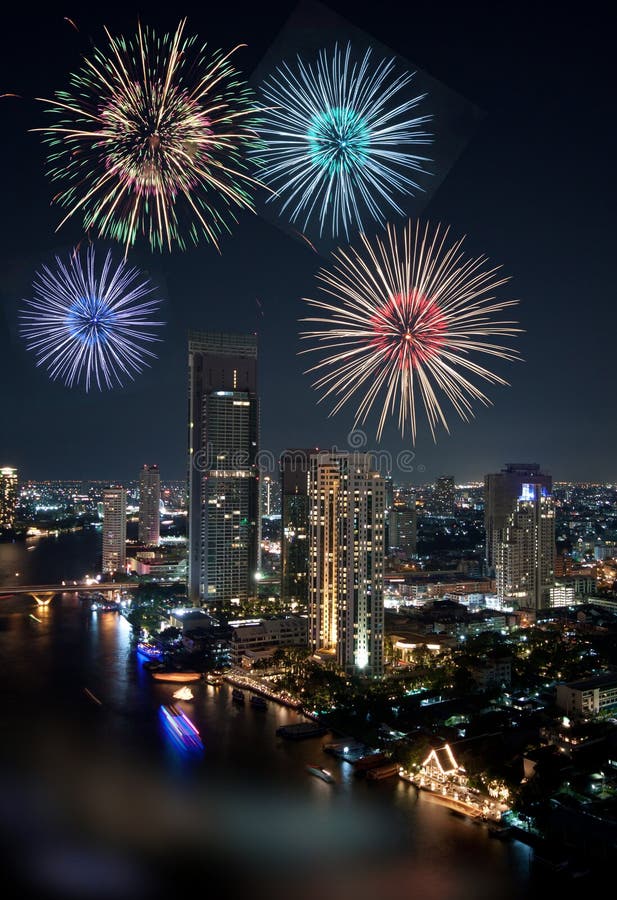 Beautiful Multiple Fireworks Display Exploding Over the River City ...