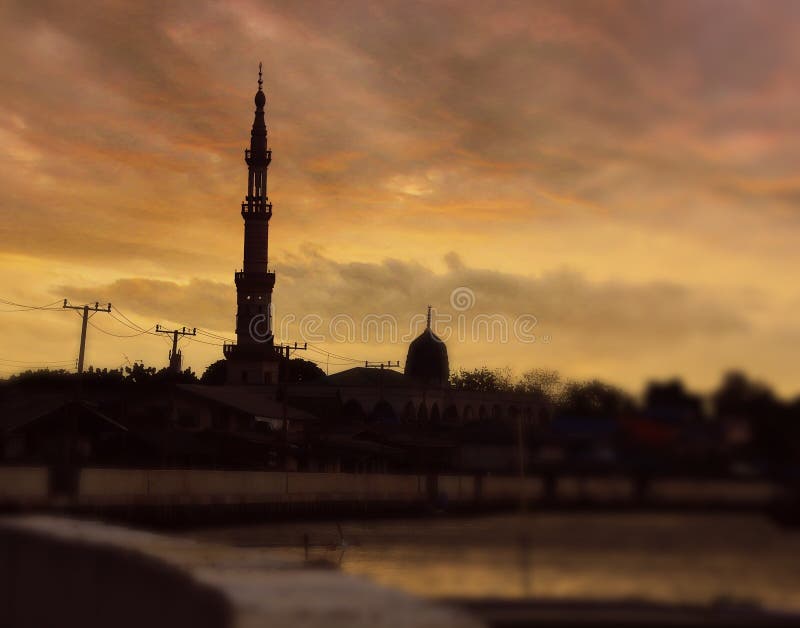 Beautiful Muslim Mosque on River Side Under Evening Light Sky Stock ...