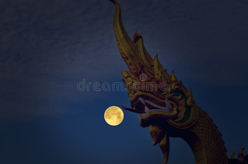 Beautiful Naga Head Sculpture and Full Moon Night Stock Photo - Image ...