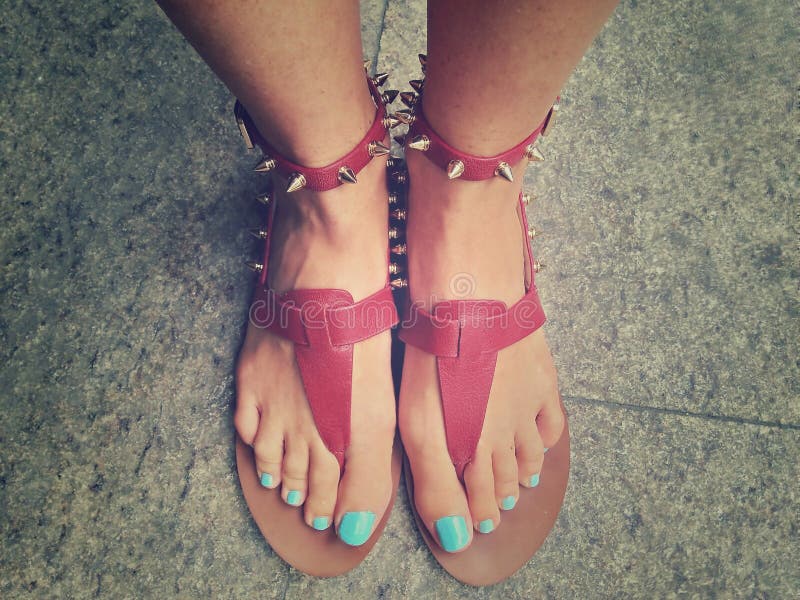Beautiful Nails and Red Sandals Stock Image - Image of spikes, sandals ...