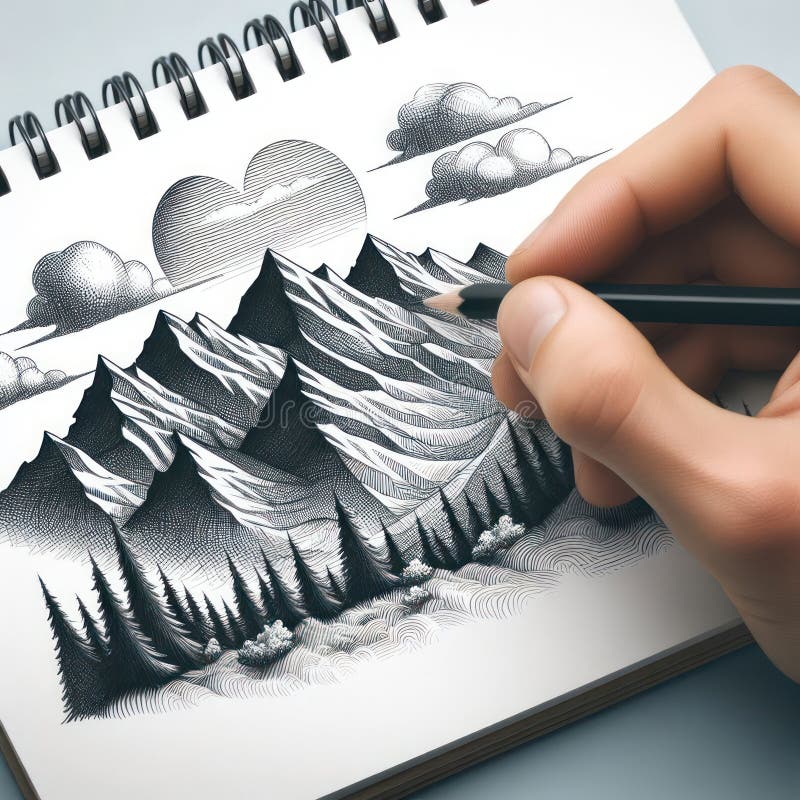 Beautiful Natural Landscape Drawn in a Notebook with a Pencil. Stock ...