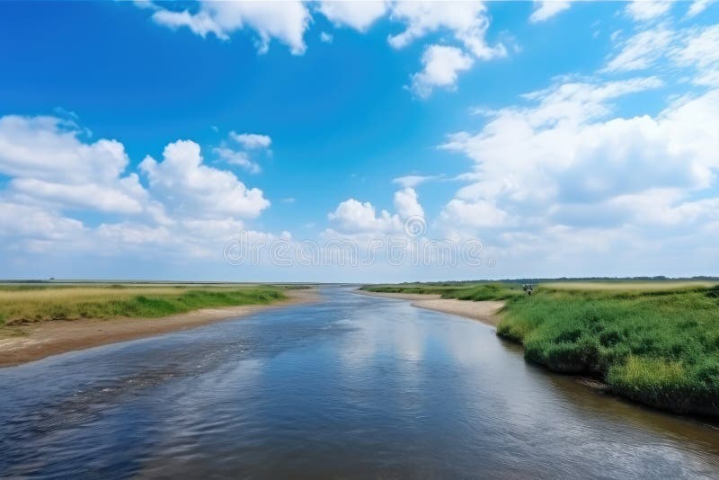 Beautiful Natural Landscape of a River Flowing into the Sea, AI ...