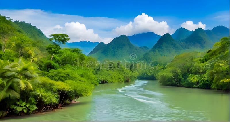 Beautiful Natural Scenery of River in Southeast Asia Stock Illustration ...