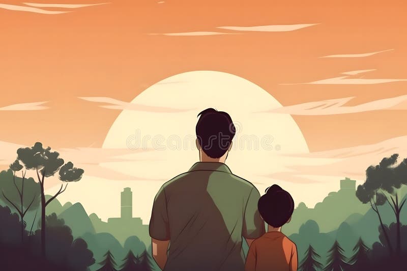 Beautiful Nature Background with Back View of Father and Son, Neural ...