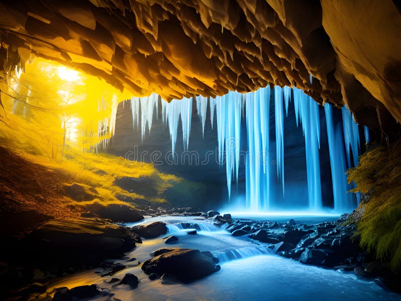 Beautiful Waterfall in the Cave with Gold Light, AI Generated Stock ...