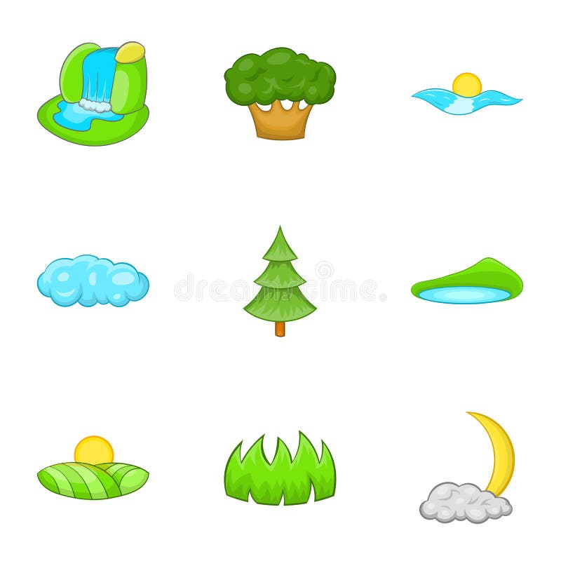 Beautiful Nature Icons Set, Cartoon Style Stock Vector - Illustration ...