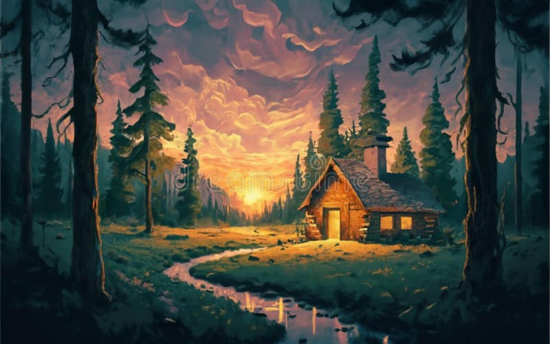 Beautiful Nature Landscape Scenery , Hut in Forest Sky Trees ...