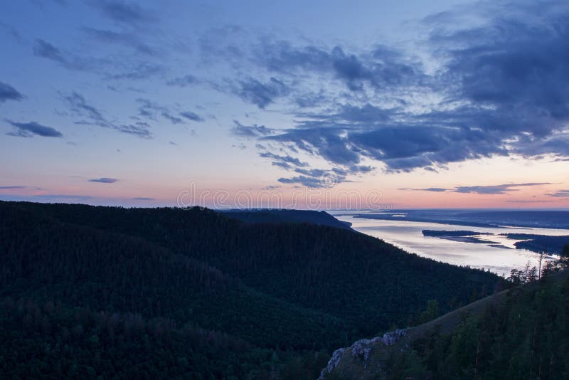 Beautiful Nature Mountain Landscape. Cloudy Twilight Over River Stock ...