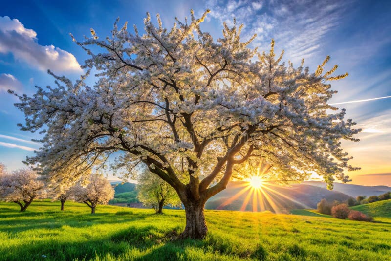 Beautiful Nature Scene with Blooming Tree and Sun Flare Stock ...