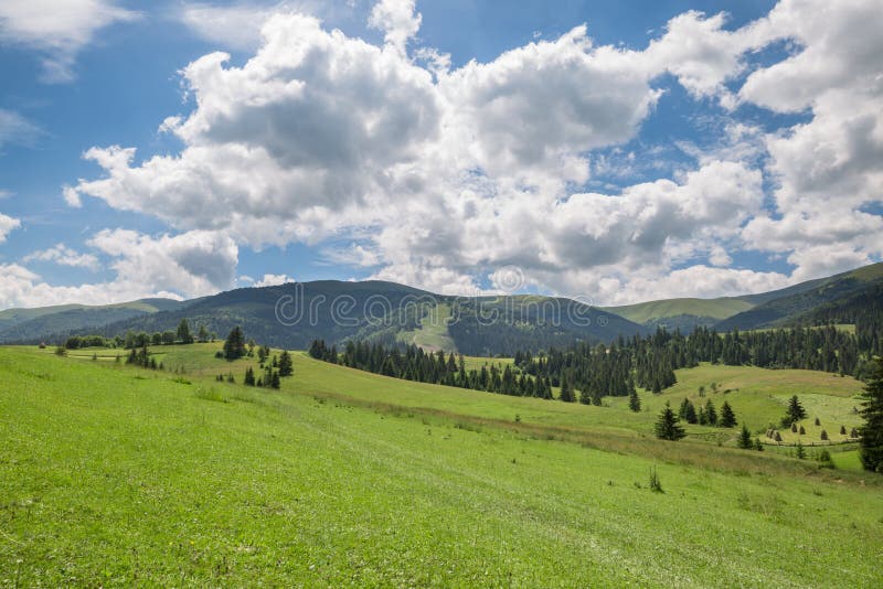 Beautiful Nature Scenery with Green Meadow and Mountain Range Stock ...