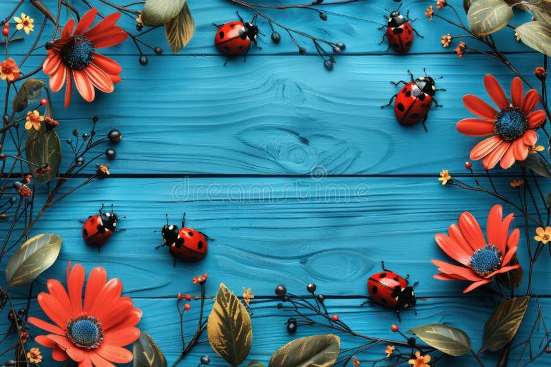 Beautiful Nature Themed Wooden Background with Red Ladybugs and ... Beautiful Nature Themed Wooden Background with Red Ladybugs and ...