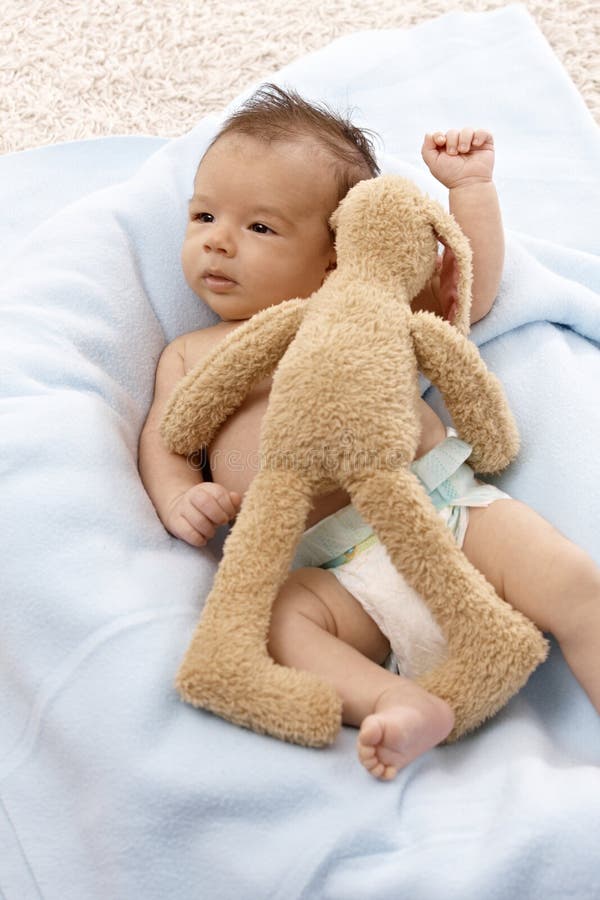 Beautiful Newborn Baby with Plush Bunny Stock Image - Image of color ...