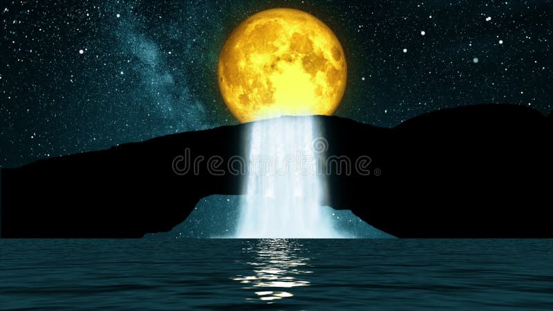 Beautiful Night Fantasy with Hill View and Waterfall and Full Moon ...