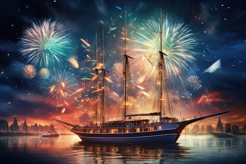 Beautiful Night Fireworks Over a Large Yacht. Festive Fireworks Over ...
