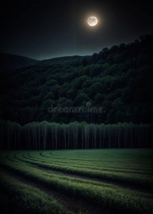Beautiful Night Landscape with a House in the Middle of the Field Stock ...