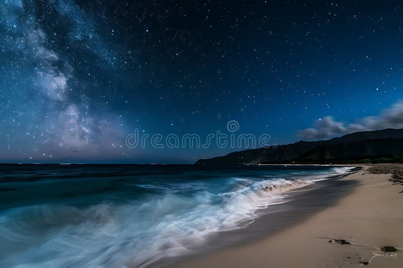 Beautiful Night Landscape with Starry Sky Over the Sea and Sandy Beach ...