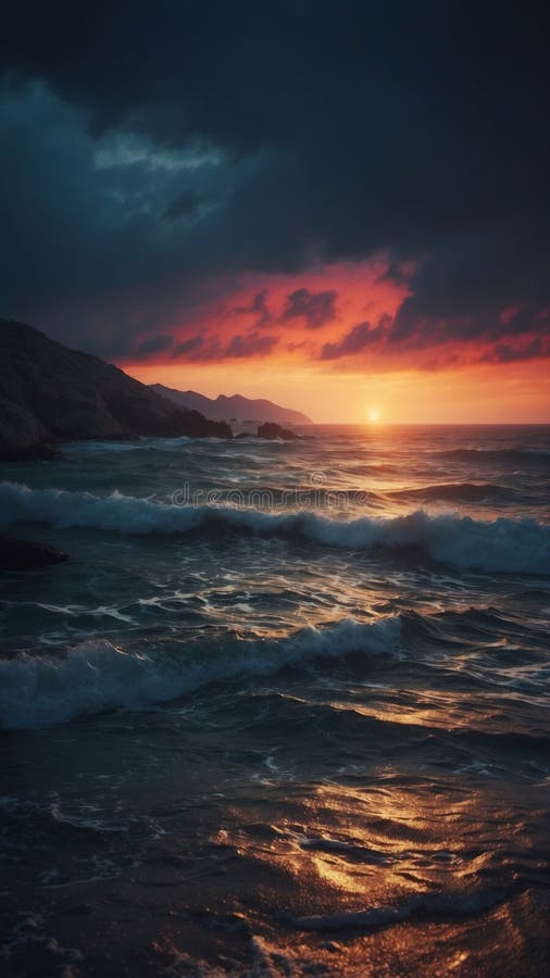 Beautiful Night Landscape with Stormy Sea. Stock Illustration ...