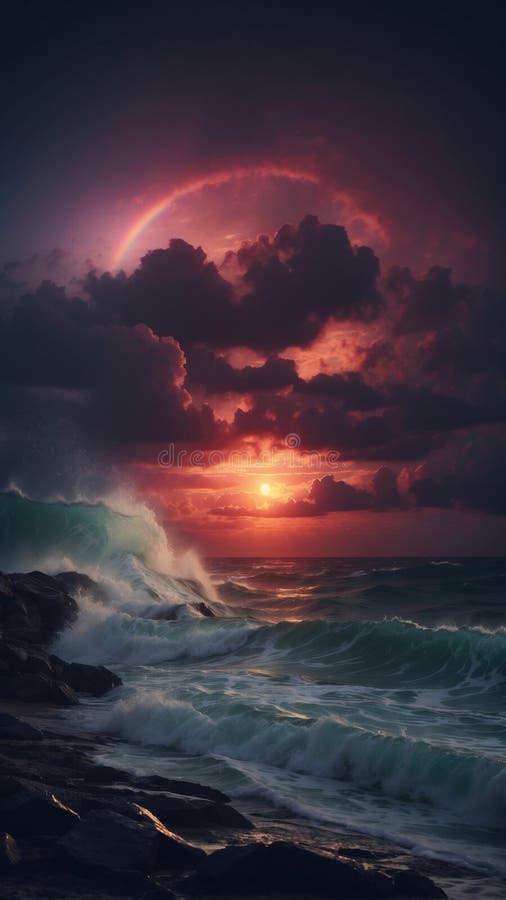 Beautiful Night Landscape with Stormy Sea. Stock Illustration ...